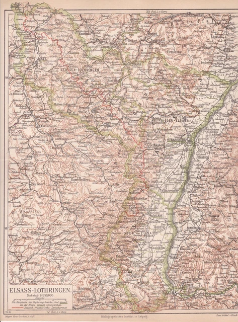 &ORIGINAL HISTORISCHE GRENZKOLORIERTE Landkarte: Elsass-Lothringen ...