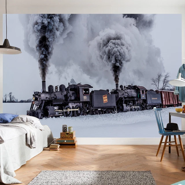 STEAM TRAIN RAIL Snow Locomotive Wallpaper Mural Photo Bedroom Poster ...