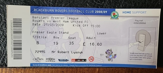 TICKET STUB BLACKBURN Rovers V West Ham United Premier League 2008 / ...