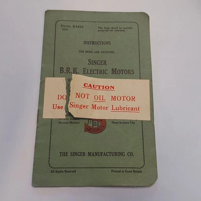 VINTAGE SINGER K4466 B.r.k Electric Motors Instruction Booklet (1098) £ ...