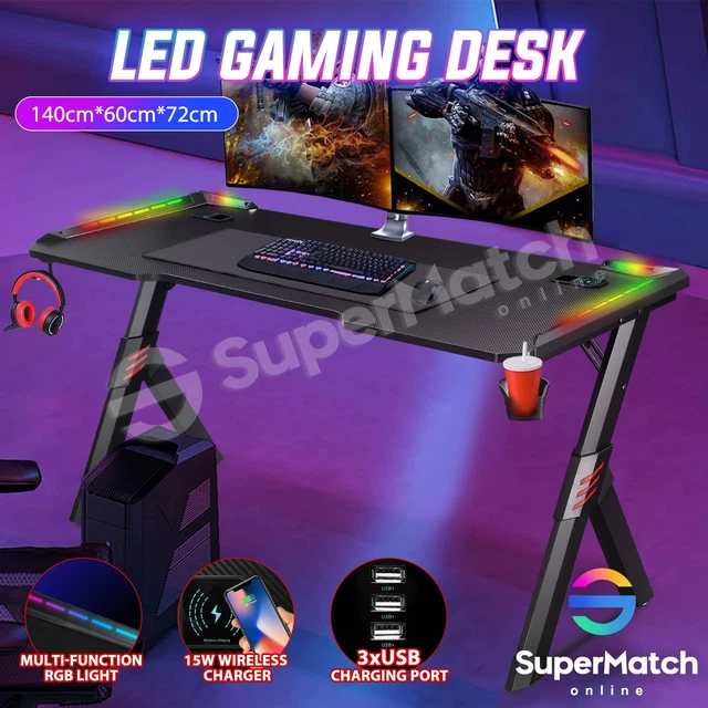 140CM Y SHAPED Gaming Desk Computer Table RGB Lights Cup Holder ...