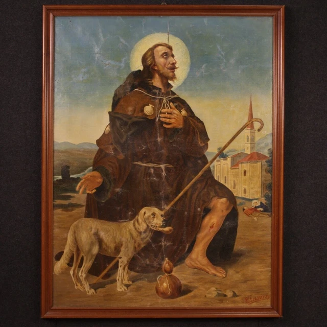 SAN ROCCO DIPINTO religioso olio su tela quadro pellegrini peste cane XX secolo EUR 2.800,00 ...