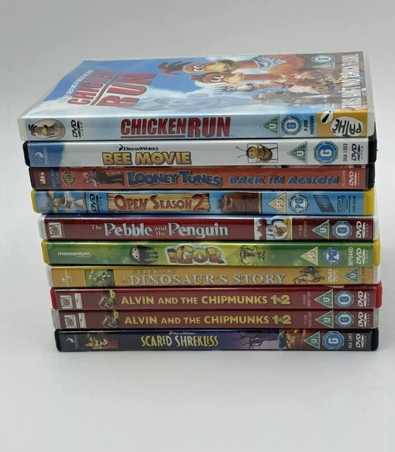 KIDS CHICKEN RUN DVD Bundle Shrek Alvin & Chipmunks Rated U DVDs Joblot ...
