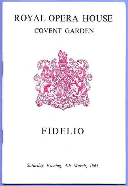 VINTAGE ROYAL OPERA House Covent Garden Programme Fidelio Opera 1961 ...