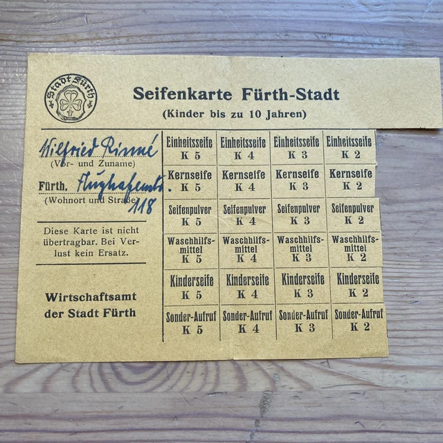 WWII GERMAN SOAP Ration Card To Wilfried Rinne of Furth £3.99 - PicClick UK