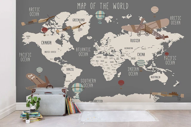 3D CARTOON WORLD Map Wallpaper Wall Mural Removable Self-adhesive ...