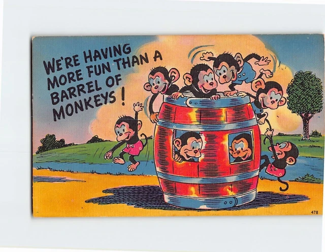 POSTCARD WE'RE HAVING More Fun Than A Barrel Of Monkeys! With Comic Art ...