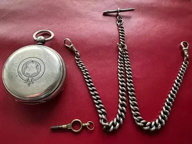 FUSEE LEVER SILVER POCKET WATCH (1908), large case. Silver heavy chain ...