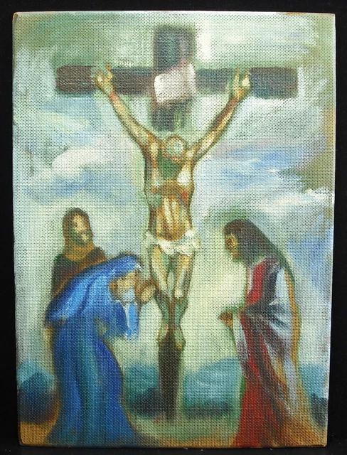 JACQUELINE PAGE CRUCIFIXION Virgin Mary Jesus Christ Oil on Isorel circa 1950 £77.70 - PicClick UK