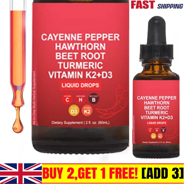 CAYENNE PEPPER HAWTHORN Beet Root Turmeric Vitamin K2+D3 Liquid Drops £ ...