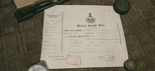 WALSALL BOROUGH POLICE Discharge Certificate 1955 Original. Unique Item ...