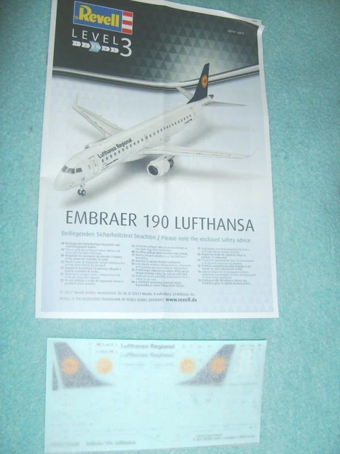 REVELL EMBRAER 190 Lufthansa 1/144 Scale decal & Instructions only new ...