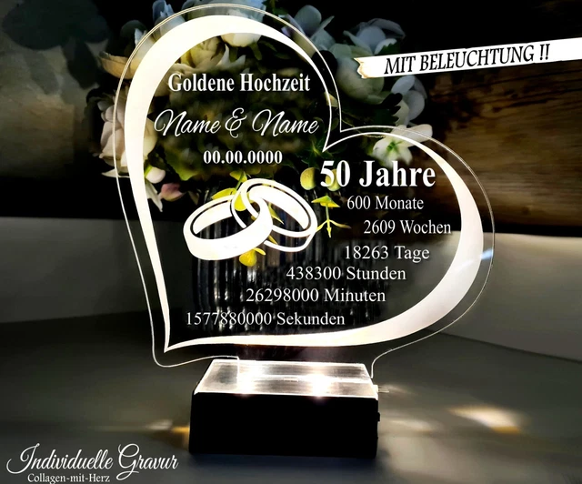 GESCHENK GOLDENE HOCHZEIT 50 Jahre Hochzeitstag Gravur BELEUCHTET LED EUR 22,99 - PicClick DE