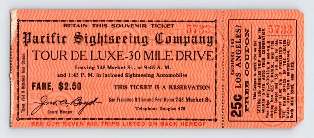 1920S TICKET PACIFIC Sightseeing Company San Francisco 30 Mile Tour De ...