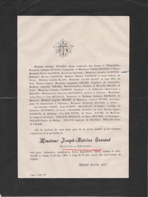 1901 FAIRE-PART DÉCÈS Joseph-Antoine GASSEND - Digne-les-Bains ...