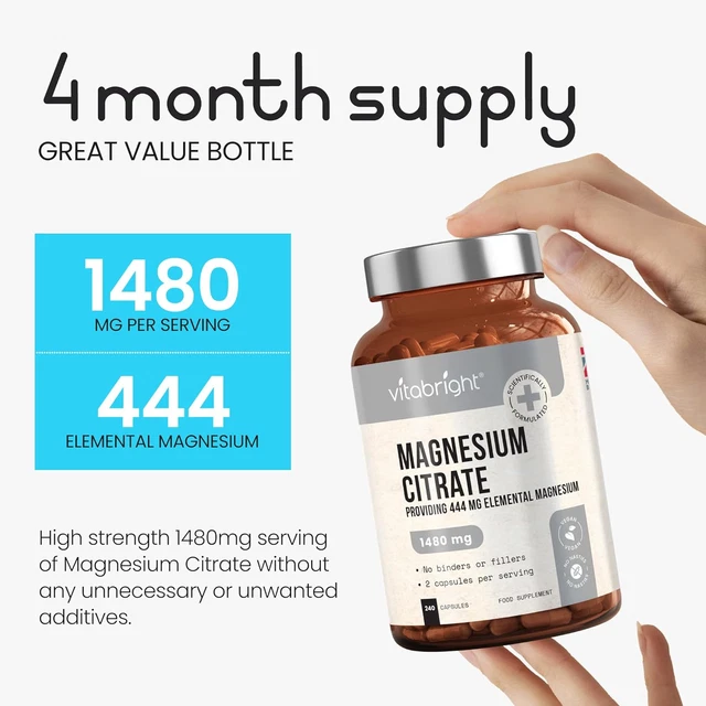 VITABRIGHT MAGNESIUM CITRATE Capsules 1480Mg | 444Mg Elemental Mg | 4 ...