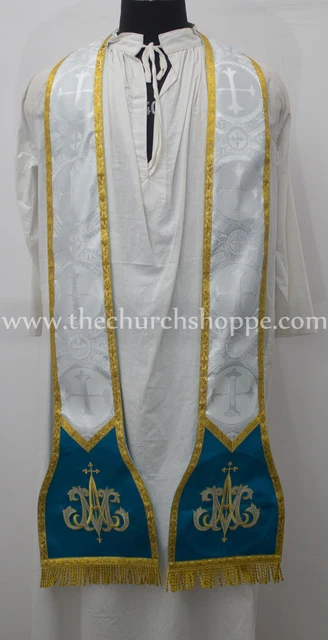 AVE MARIA CHASUBLE De Messe En Brocart Argent Bleu Fiddleback EUR 111 ...