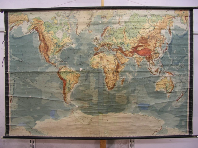 WALL MAP PHYSICAL World Map Earth Germany~1935 Produced 212x140 Vintage ...