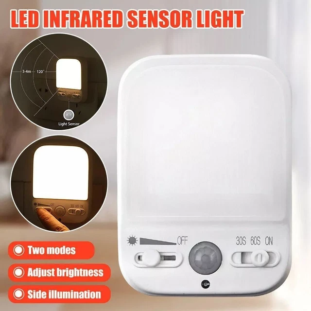 WALL PLUG IN PIR Motion Sensor Infrared Light Hallway Socket LED Home ...