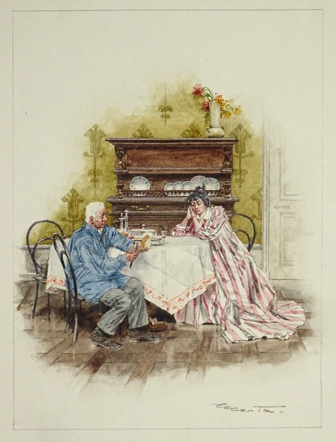 LA VISITE DESSIN original signé Aquarelle 19e Menta 1900 Elégante art ...