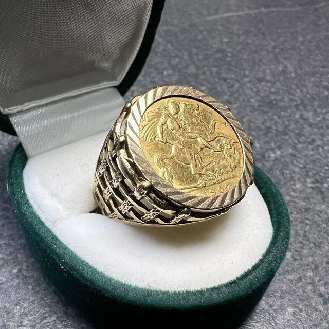 1907 HALF SOVEREIGN Coin Mounted 9ct Solid Gold Ring King Edward VII ...