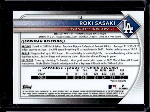 2025 BOWMAN ROKI Sasaki Mega Box RC Refractor Rookie #12 Dodgers $1.36 ...