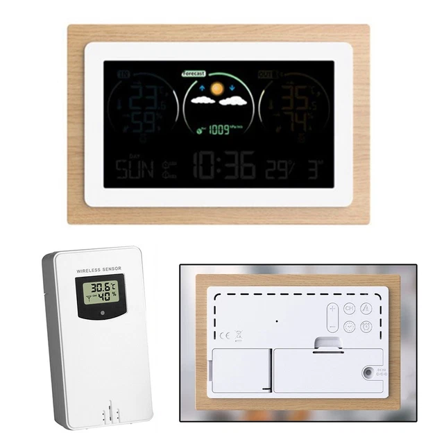 STATION MÉTÉO SANS fil finition bois avec mesures d'humidité et réveil EUR 65,74 - PicClick FR