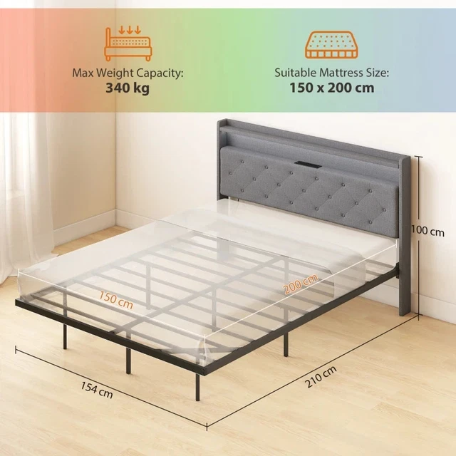 FLOATING BED FRAME with RGB Lights, Upholstered King Size Bed, Grey £ ...