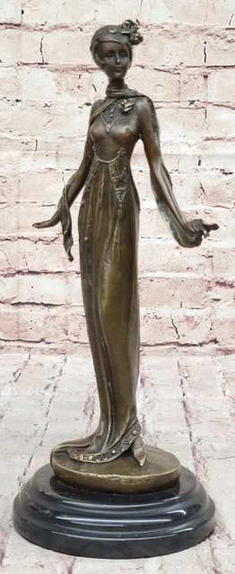 REAL BRONZE METAL Stone Statue Classical Victorian Woman Girl Flowers ...