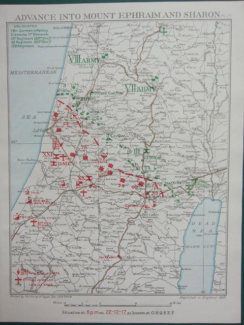1918 WW1 MAP Egyptian Expeditionary Force ~ Advance Into Mount Ephraim ...