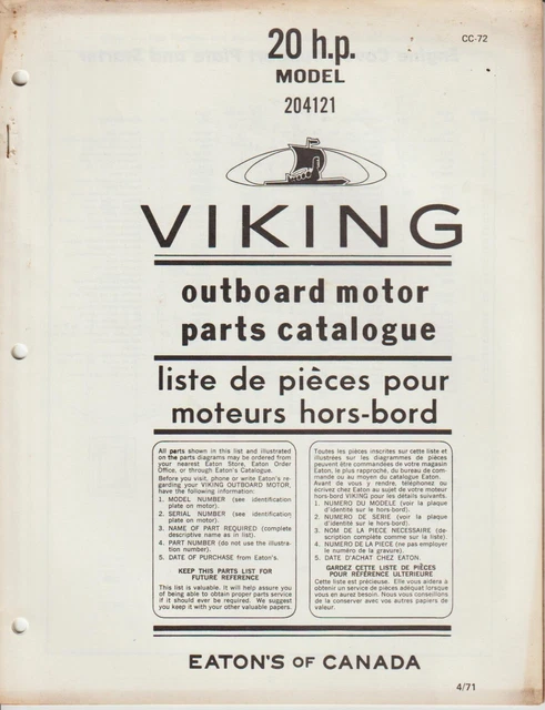 1971 VIKING OUTBOARD Parts Catalogue 20 HP Model 204121-CC72-Fair Cond ...