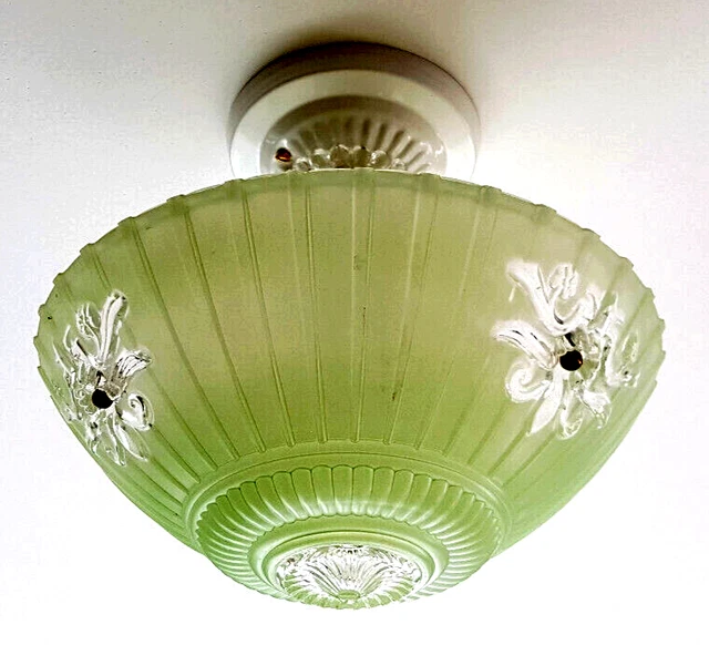 VINTAGE ART DECO Semi Flush Green Ceiling Light Fixture 3 Chain $189.00 ...