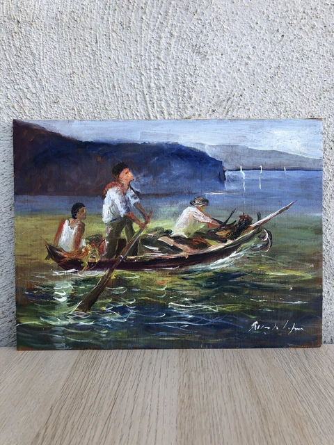QUADRO VINTAGE -PESCATORI- dipinto a olio su tavoletta EUR 35,00 ...