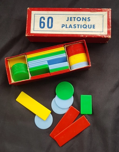 BOITE VINTAGE COMPLETE de 60 jetons en plastique plats, nain jaune ...