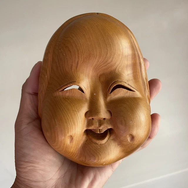 VINTAGE JAPANESE HAND Carved Wooden Noh Theatre Wall Art Mask Smiling ...
