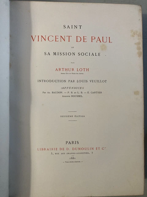 LIVRE SAINT VINCENT De Paul Et Sa Mission Sociale Arthur Moth 1881 ...