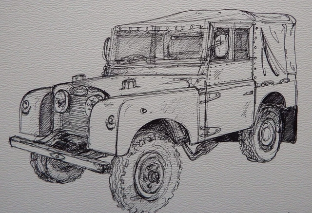 HAND DRAWN AUTOMOBILIA Pen & Ink Drawing of a Land Rover Car on White ...