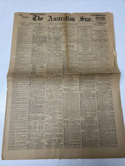 VINTAGE NEWSPAPER THE Australian Star November 1899 Advertisement Paper ...