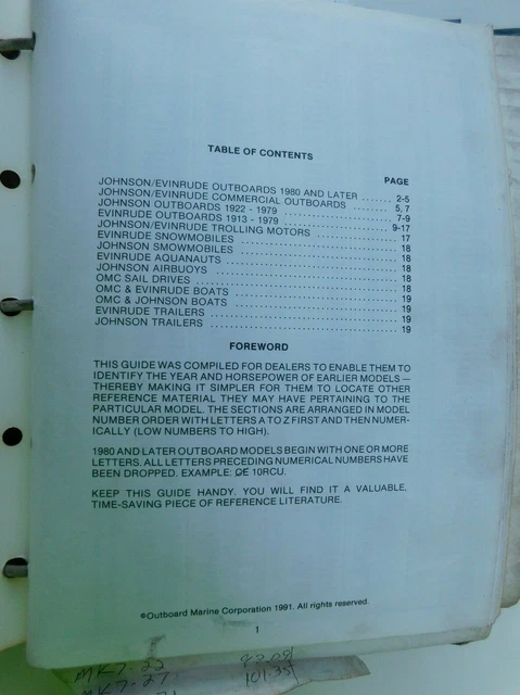 OMC JOHNSON MODEL YEAR GUIDE Outboard Marine numbers Reference Book ...