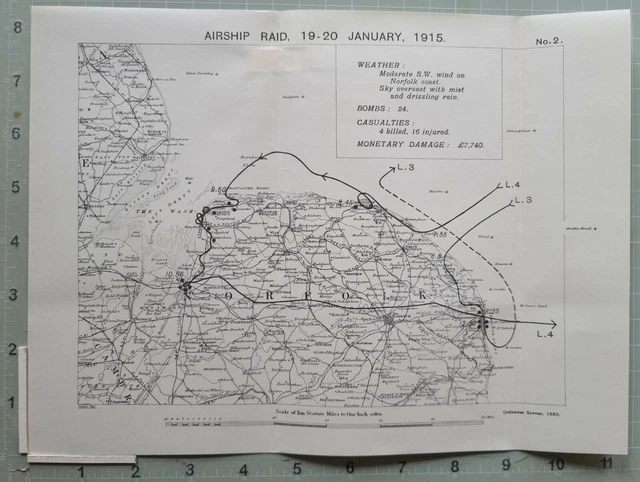 1930 WW1 MAP ZEPPELIN ENGLAND AIRSHIP RAID 19-20th JANUARY 1915 BOMBS ...