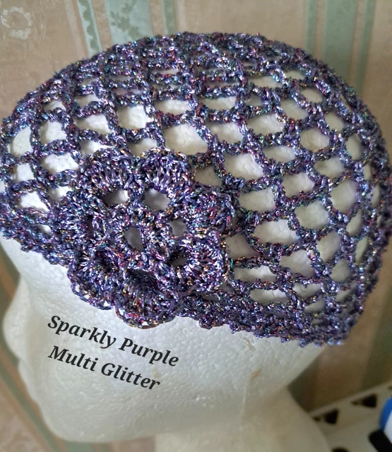 RICH PURPLE / MULTI GLITTER CROCHET SKULL CAP HAT 70s Fancy Dress Party ...