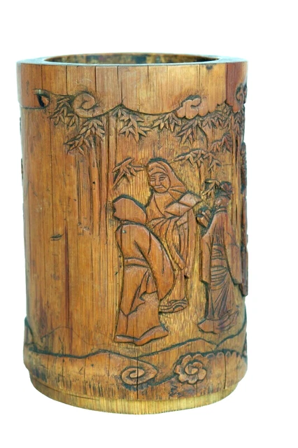 ANCIEN PORTE PINCEAUX Chine 19ème Bambou sculpté signé Bitong Crayon ...