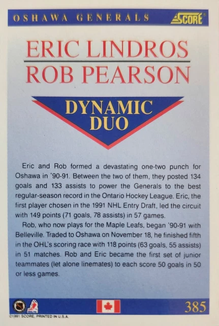 1991-92 SCORE CANADIAN hockey Eric Lindros/Tob Pearson DYNAMIC DUO #385 ...