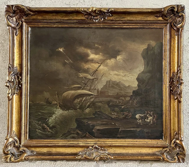 TABLEAU ANCIEN SIGNÉ J. VERNET ? Paysage Marine Bateau Tempête Naufrage ...