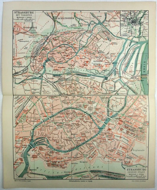 STRASBOURG FRANCE - Original 1908 City Map by Meyers. Alsace Strassburg ...