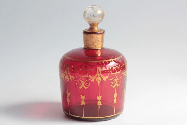 FLACON À PARFUM verre rubis émaillé Napoléon III (64006) EUR 180,00 ...