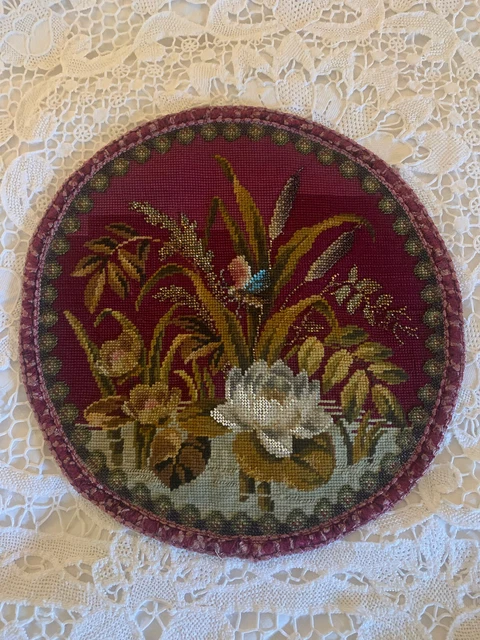 ANTIQUE SMALL ROUND Bead Work Needlepoint Panel Cushion Front Table ...