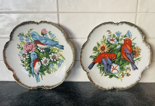 VINTAGE JAPANESE HAND Painted Bird Plates with Scalloped Edges and 22kt ...