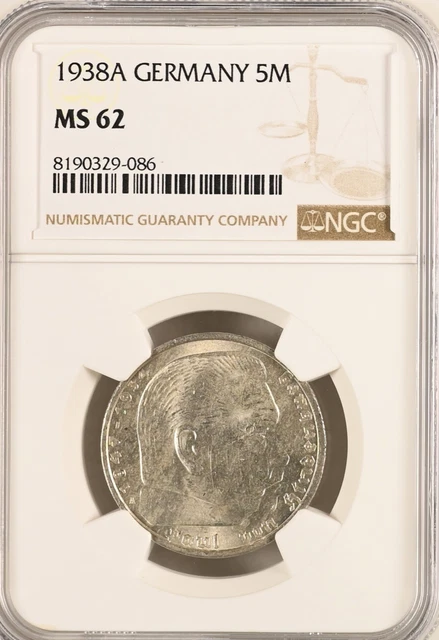 GERMAN 5 REICHSMARK 1938 A NGC MS62 SWASTIKA HINDENBURG Third Reich WW2 Mark £169.00 - PicClick UK