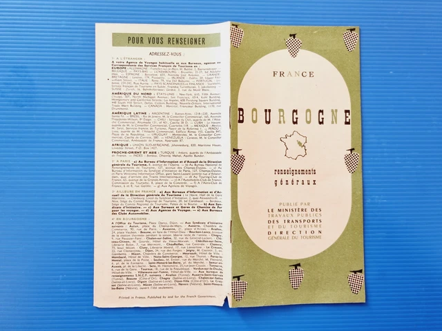 BOURGOGNE FRANCE 50S VINTAGE DEPLIANT TOURIST MAP BROCHURE VIAGGI ...